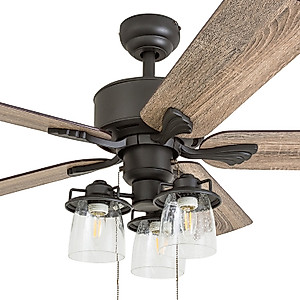 Prominence Home River Run, 52 Inch Farmhouse LED Ceiling Fan with Light, Pull Chain, Three Mounting Options, 5 Dual Finish Blades, Reversible Motor - 50566-01 (Bronze)