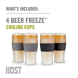 Host Freeze Beer Glasses, 16 ounce Freezer Gel Chiller Double Wall Plastic Frozen Pint Glass, Set of 4, Black and Grey