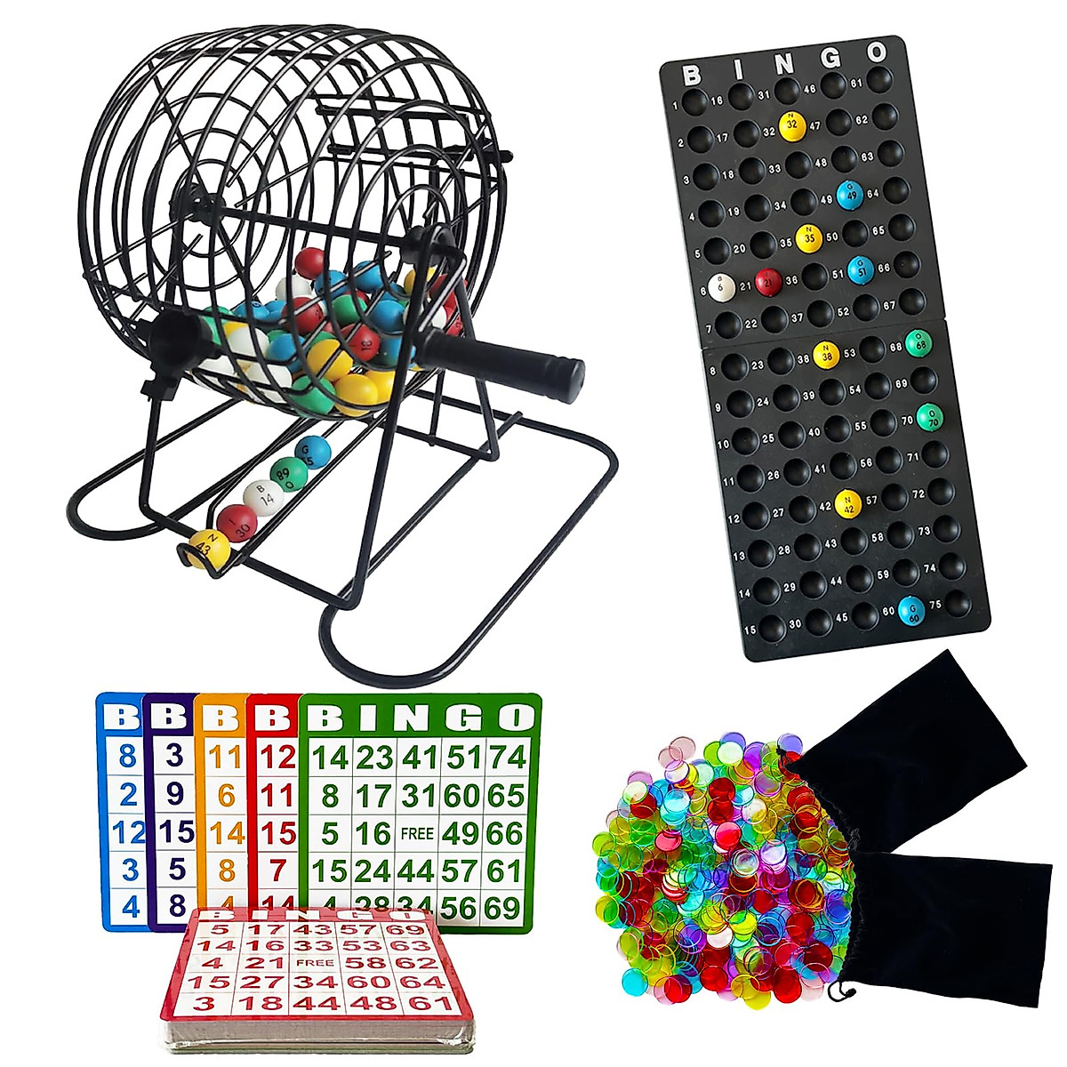 SEETOOOGAMES Deluxe Bingo Game Set - 8 Inch Metal Cage, 50 Paper Cards, 600 Colorful Clear Chips, Bingo Balls and Plastic Master Board, Great for Adults Large Groups, Familiy Games Nights Parties