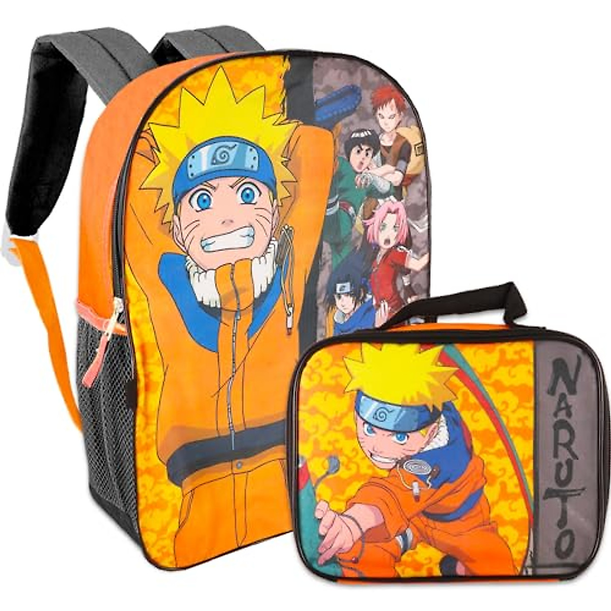 Action Comics Naruto Backpack with Lunch Box - Bundle with 16” Naruto Backpack, Naruto Lunchbox, Stickers, More | Naruto Backpack for Boys