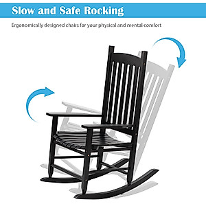 Outdoor Rocking Chairs, Wooden Rocking Chair with a Curved Seat & a High Slatted Backrest, Rocking Chairs with Wide Arms, Black Rocking Chair with Load Bearing 243 lbs for Patio Backyard Porch Garden