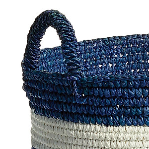 MY SWANKY HOME Set 2 Large Coastal Casual Blue White Stripe Tall Hamper Tote Baskets Handles