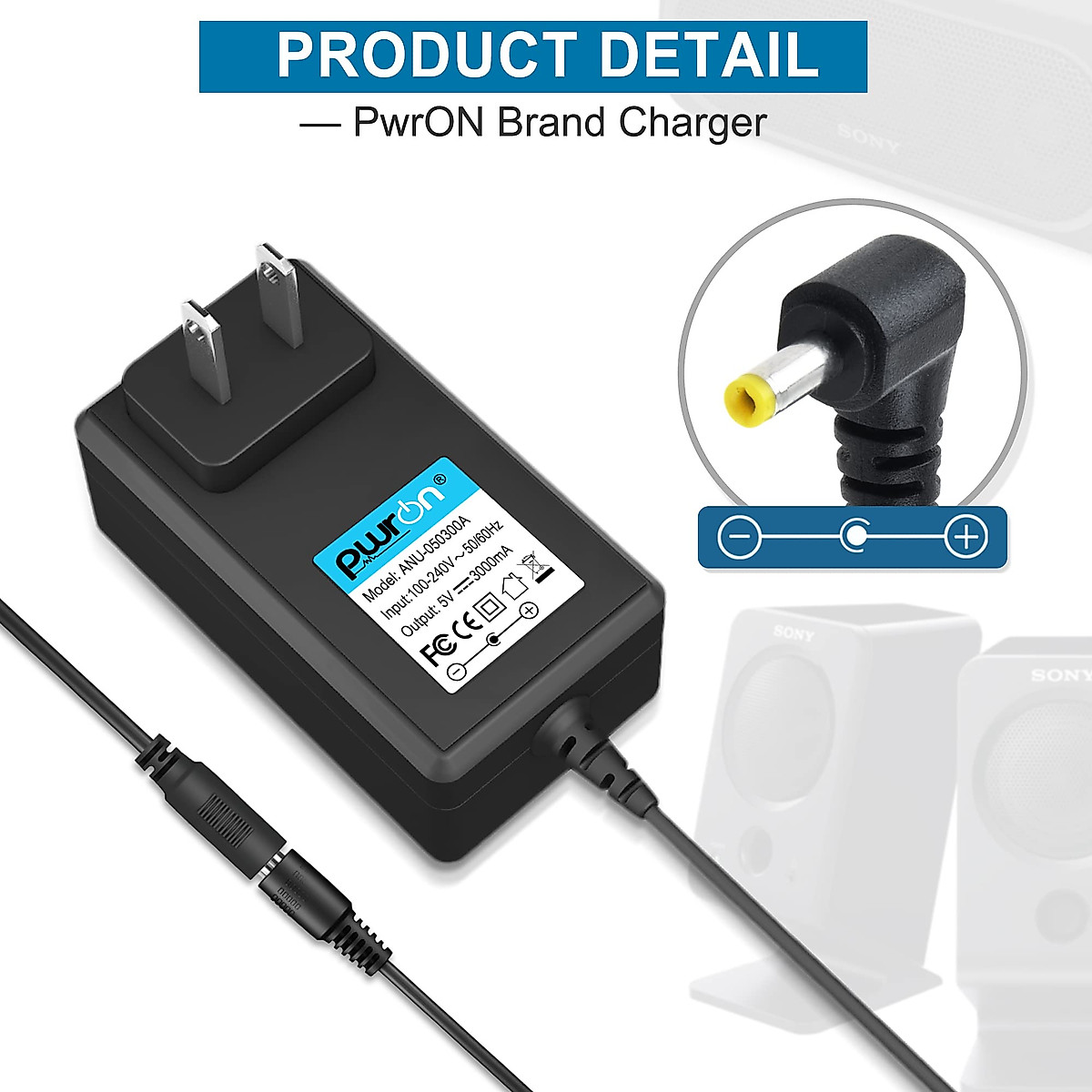 PwrON 5V AC DC Adapter Replacement for Sony AC-E0530 SRS-XB30 SRS-XB41 RDP-M5iP RDP-M7iP SRS-A1 SRS-A212 SRS-A3 SRS-M50 SRS-M55 SRS-TD60 Bluetooth Wireless Speaker System Power Supply