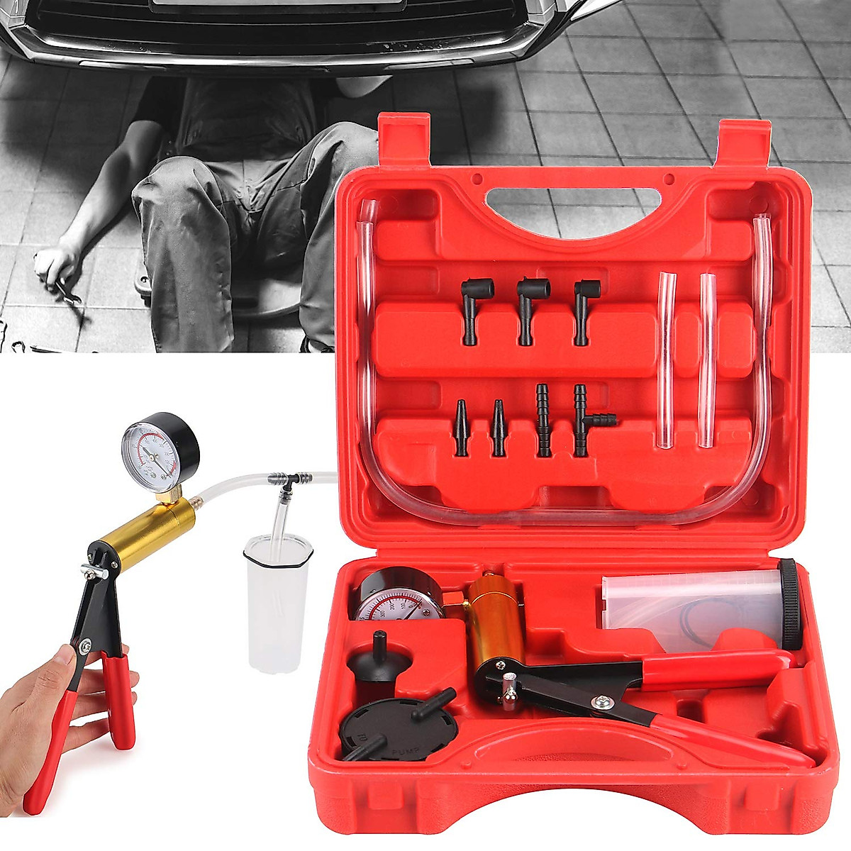 HTOMT 2 in 1 Brake Bleeder Kit Hand held Vacuum Pump Test Set for Automotive with Protected Case,Adapters,One-Man Brake and Clutch Bleeding System(Red)
