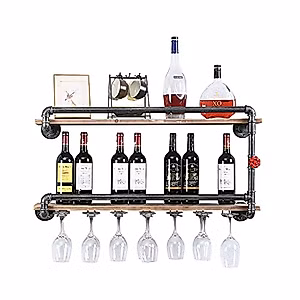 TANGGU Industrial Wine Racks Wall Mounted with 7 Stem Glass Holder,2-Tiers Rustic Metal Hanging Wine Holder,36in Wall Mount Bottle Holder,Pipe Shelves Kitchen/Living Room/Home Wood Wine Shelf