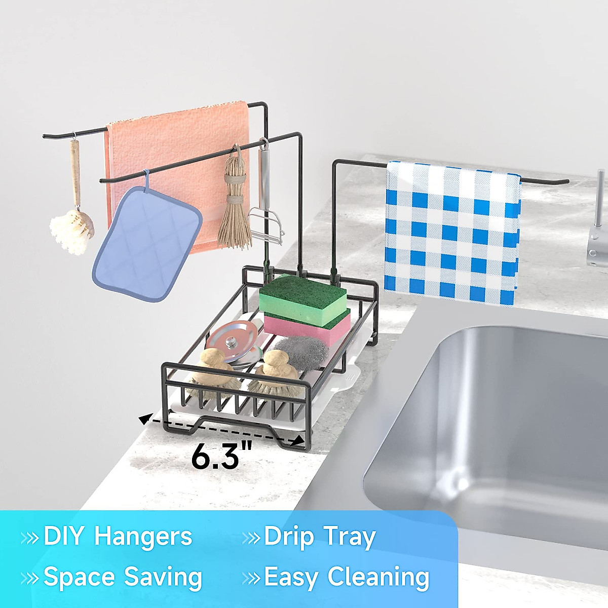 KIKIBRO Kitchen Sink Caddy Organizer Dish Cloth Holder for Rag Brush Sponge Soap at Kitchen Bathroom with Drip Tray and Swivel Lever