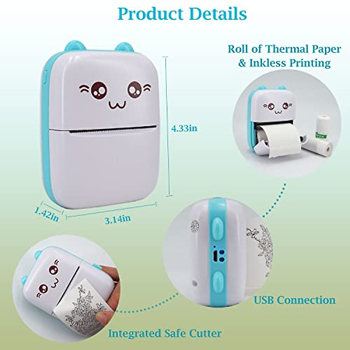 Vicbear Mini Pocket Printer, Portable Thermal Printer with 8 Rolls Printing Paper, Bluetooth Wireless Tiny Printer for Photos/Stickers/Labels/Notes/Receipts, Compatible with iOS and Android, Blue