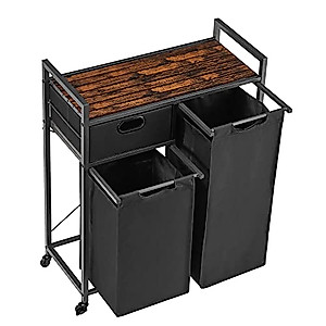 Taiweny Laundry Sorter Rolling Cart, Laundry Hamper with Heavy Duty Wheels, Laundry Basket Organizer with 2 Removable Bags, Drawer & Shelf for Laundry room, Bathroom (Black-Brown)