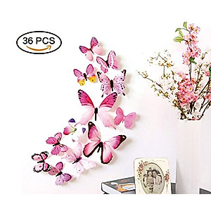 36PCS Butterfly Wall Decals - 3D Butterflies Wall Stickers Removable Mural Decor Wall Stickers Decals Wall Decor Home Decor Kids Room Bedroom Decor Living Room Decor- Pink