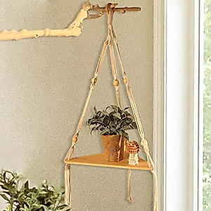 loensy Macrame Hanging Shelf Corner Rope Shelf Floating Shelf for Bookshelf Indoor