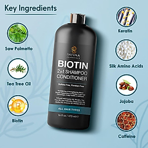 INFINA ESSENTIALS Biotin 2-in-1 Shampoo and Conditioner for Men & Women – Hair Thickening & Strengthening Shampoo with Saw Palmetto, Keratin, Caffeine & Vitamin E – Convenient Daily Use – 16 fl oz