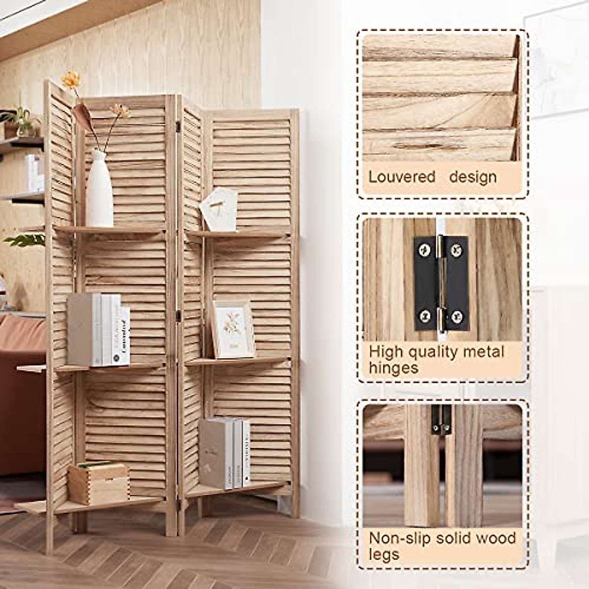 Vicluke 4 Panels Room Divider with 3 Removable Storage Shelves, 5.6 FT Folding Privacy Screen, Wood Portable Wall Divider for Home, Office, Restaurant(Natural)