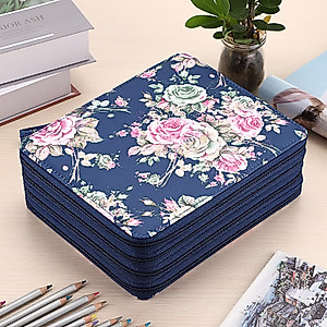 BTSKY Colored Pencil Bag- 160 Slots Pencil Holder Pen Bag Large Capacity Pencil Organizer with Handle Strap Handy Colored Pencil Box with Printing Pattern (Dark Blue Rose)