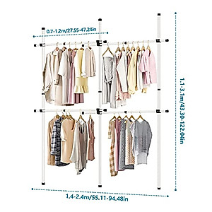 tonchean Floor to Ceiling Clothing Rack Tension Rod Clothes Rack Double 2-Tier Adjustable Clothes Garment Rack Heavy Duty Closet Organizer System