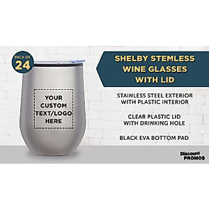 Custom Stemless Wine Tumblers 12 oz. Set of 24, Personalized Bulk Pack - Insulated, Perfect for Wine, Cocktails, Other Hot & Cold Beverages - Silver