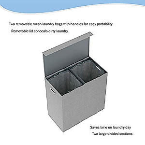 Double Laundry Basket with Lid – Two-Sided Clothes Hamper with Removable Mesh Liner Bags – Collapsible Clothing Organizer by Lavish Home (Gray)