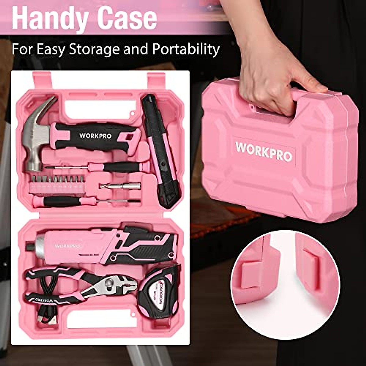 WORKPRO Pink Tool Set with 3.7V Rotatable Electric Screwdriver, 18PCS Portable Ladies Home Tool Kit with Toolbox, Cordless Electric Screwdriver Kit, Household tool kit for Dorm, Apartment -Pink Ribbon