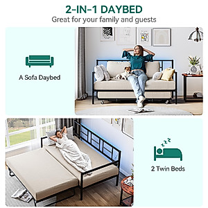 YITAHOME Twin Daybed with RGB LED Lights & Charging Station, Height Adjustable Day Bed Frame with Trundle, Versatile Metal Sofa Bed Frame for Bedroom, Living Room, Guest Room, Black