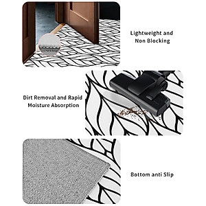 Welcome Mats, Black and White Leaf Tile Pattern Door Mat, Non-Slip Absorbent Large 20x47 Inch Outdoor Indoor Mat Low-Profile Floor Mat Doormat for Entryway/Patio/Garage