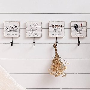 SOFFEE DESIGN Set of 4 Vintage Farmhouse Wall Hooks, with Shabby Craft Farm Animals Goat Rooster Pig Cow Printing, Heavy Duty Hanger Hooks Wall Mounted Hanging Rack Hooks