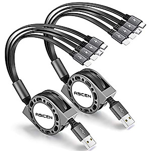 ASICEN Multi Charging Cable 4A 4-in-1 Retractable USB Cable Fast Charger Cord with 2 * Lightning/Type C/Micro USB Ports for iPhone,iPad,Samsung Galaxy,Huawei,OnePlus,LG,Pixel,HTC,Sony,Moto(2Pack/5ft)
