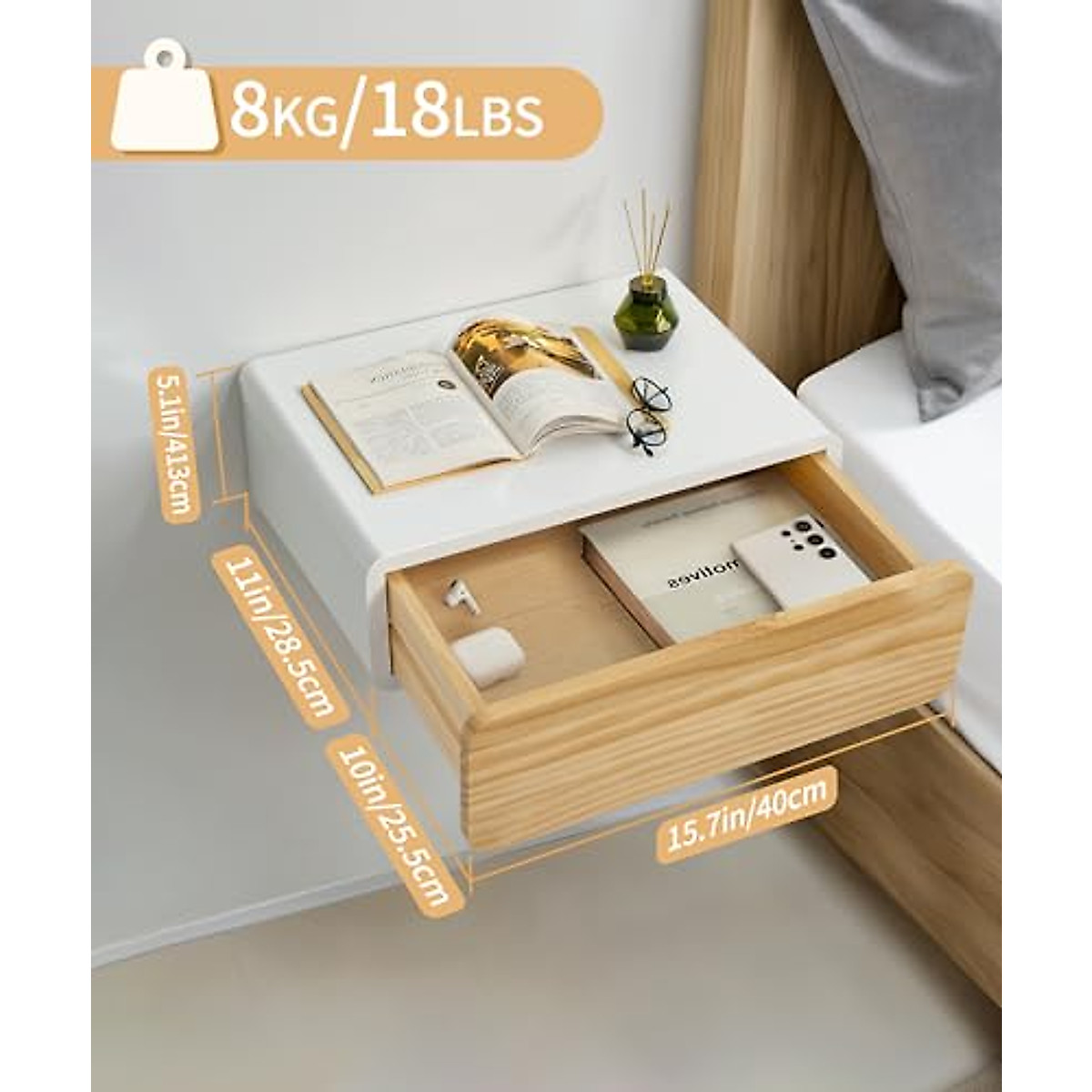 SUMGAR Floating Nightstand White with Drawers Modern Bedside Table Organiser Fully Assembled Shelf Small Spaces Wall Mounted Storage Wood Furniture for Bedroom Home Decor