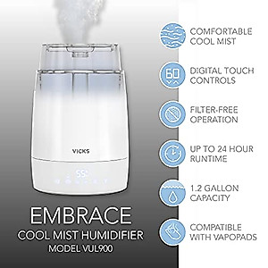 Vicks Embrace Cool Mist Top Fill Humidifier  (VUL900), White – Cool Mist Humidifier Top Fill for Bedroom or Office