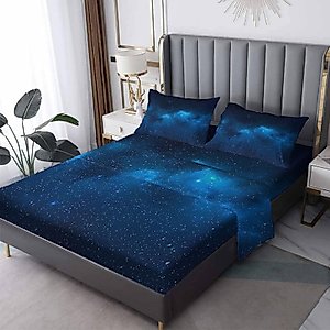 Galaxy Sheets Full Size Sheet Sets - Navy Blue Starry Sky Bed Sheets, Soft Microfiber & Deep Pocket & Wrinkle Free Patterned Bedding Sheets & Pillowcases, 1 Fitted Sheet, 1 Flat Sheet, 2 Pillow Cases