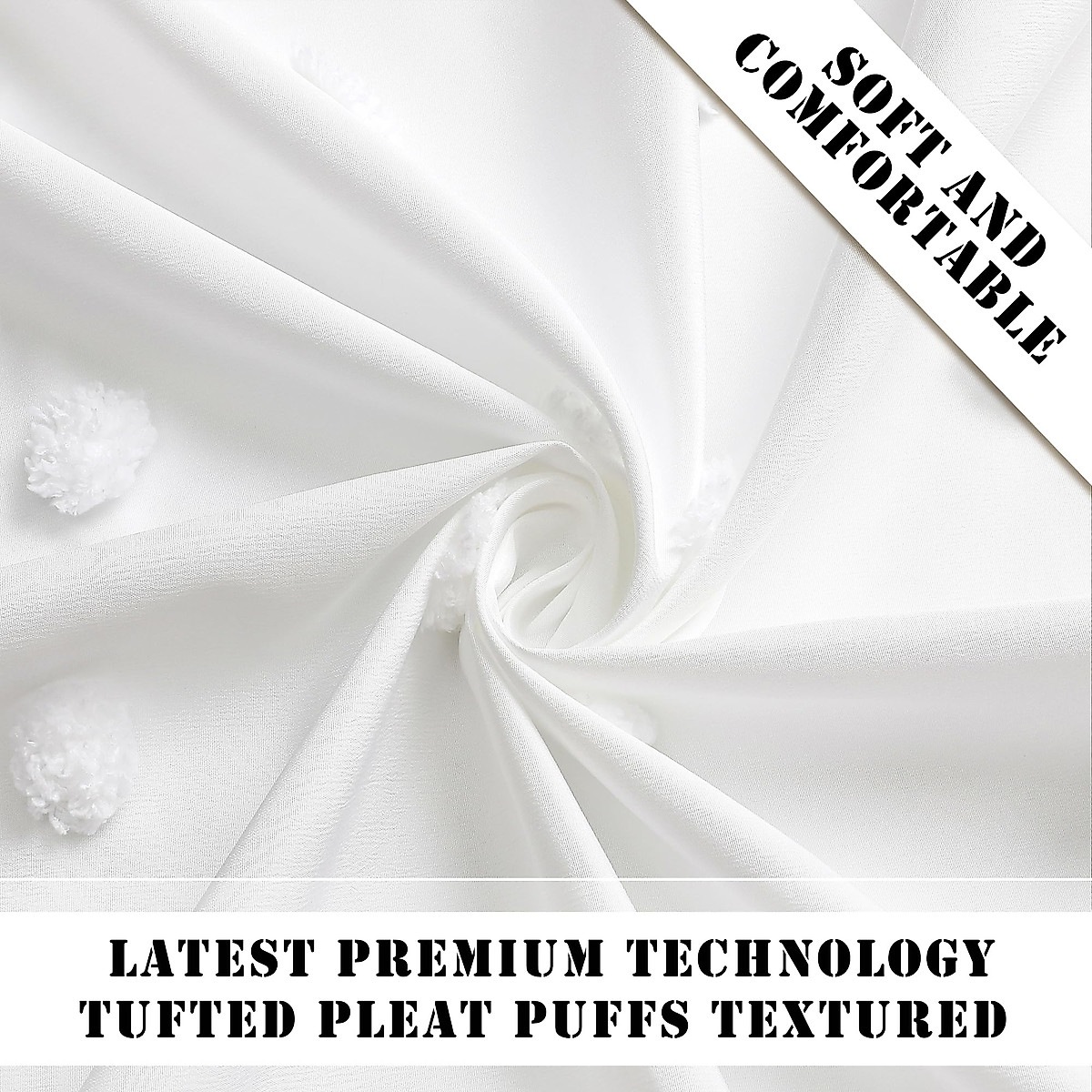 Visioun Boho White Curtain Topper Tassels Valance Window Cafe Treatment Tufted Pleat Floral Puffs Textured Simple Rod Pocket Kitchen Window Drapes for Bathroom Bedroom Living Room 1 Panel (52x18 Inch)