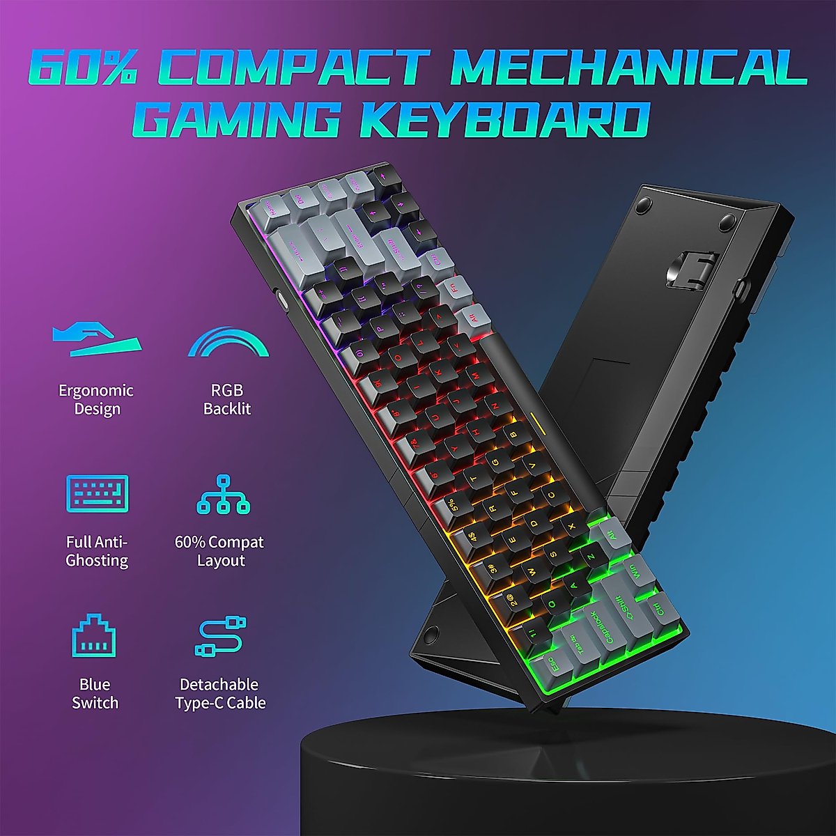 Taiahiro 60% Mechanical Gaming Keyboard, RGB Backlit 68 Keys Ultra-Compact Wired Keyboard with Blue Switch, Full Anti-Ghost, Type-C, Portable Mini Office Keyboard for PC Laptop Win/Mac, Black&Gray