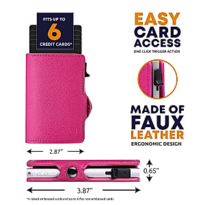 Card Blocr Womens Slim Wallet for Small Purses, Pop Up Wallet with Anti Theft RFID Blocking Credit Card Holder for Women in Pink PU Saffiano