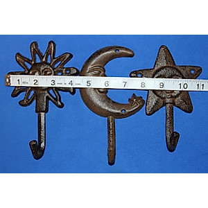 Set of 3 Cast Iron Sun, Moon and Star Wall Hooks for Entryways or Any Hanging Storage Location You Need a Handy Hook. Heavy Duty and Durable!