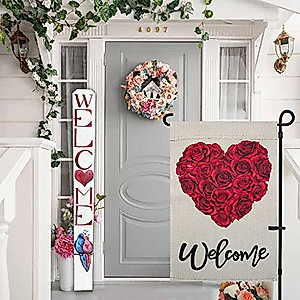 Welcome Valentines Day Garden Flag, hogardeck 12.5x18 Inch Vertical Double Sided Rose Heart Yard Flag, Farmhouse Rustic Outdoor Valentines Day Decor