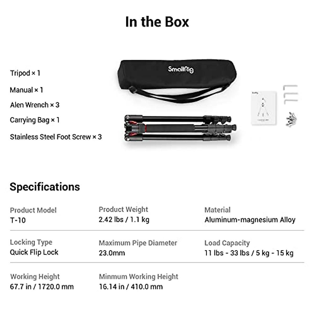 SmallRig 68" Camera Tripod, Foldable Aluminum Tripod & Monopod, Compatible with 1/4"-20 and 3/8"-16 Video Head, Payload 33lb, Adjustable Height from 19.7" to 67.7" for Camera, Phone - 3983