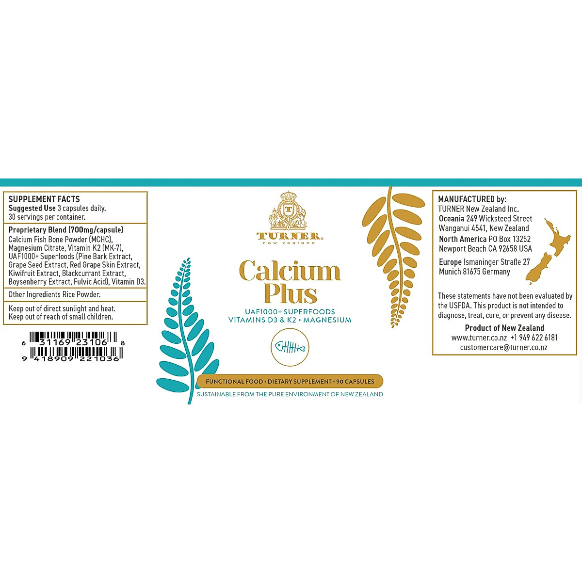 TURNER Calcium Plus, All-Natural Marine Calcium Supplement, with UAF1000+ Super Antioxidant, Magnesium + Vitamins K2 & D3, Supports Bone Density & Joint Health, 2 Bottles, 180 caps, 2 Month Supply