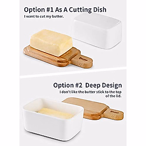 Sweese 323.104 Butter Dish with Lid and Handle, Porcelain Butter Keeper and Extended Wooden Lid, Red