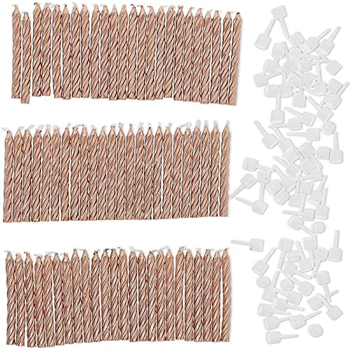 Metallic Rose Gold Striped Birthday Cake Candles in Holders (2 in., 72 Pack)