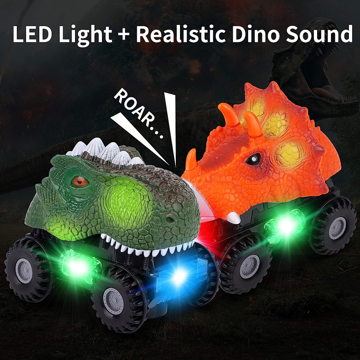 F FiGoal Dinosaur Cars with LED Light Sound Dino Car Toys Car Gifts Animal Vehicles for Boys Girls Toddles Kids Birthday Gifts Teacher Classroom Prize