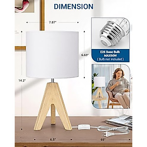 DEWENWILS Mid Century Bedside Lamp, Small Tripod Table Lamp with Linen Fabric Shade, Wood Nightstand Lamp for Nursery, Living Room, Bedroom, End Table, UL Listed, 14.2 Inch, ON/Off Switch