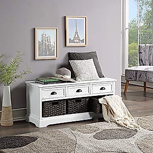 Knocbel Entry Wicker Storage Bench Wood Entryway Hallway Bedroom Bench Cabinet with 3 Drawers and 3 Woven Baskets, Fully Assembled, 19.5" H x 41.9" L x 15.2" W (White)