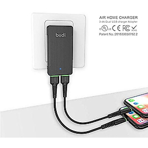 BUDI 17W Extra Slim Portable Wall Charger 2-Port USB-A Charger 3.15 x 1.57 x 0.4 inches (Black USB-A)