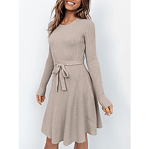 ANRABESS Women's Long Sleeve Midi Dress Crewneck Tie Waist A-Line Swing Casual Bodycon Ribbed Knit 2025 Fall Sweater Dress red Apricot Medium