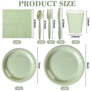 Dandat 350 Pcs Bridal Shower Decorations Baby Shower Party Supplies Include Baby Shower Plates and Cups and Napkins Sets with Plastic Forks Knives Spoons for Wedding Birthday (Sage)