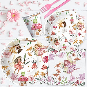 Xigejob Fairy Party Decorations Tableware - Fairy Birthday Party Supplies, Plate, Cup, Napkin, Tablecloth, Cutlery, Flower Fairies Enchanted Forest Garden Birthday & Baby Shower Decorations | Serve 24