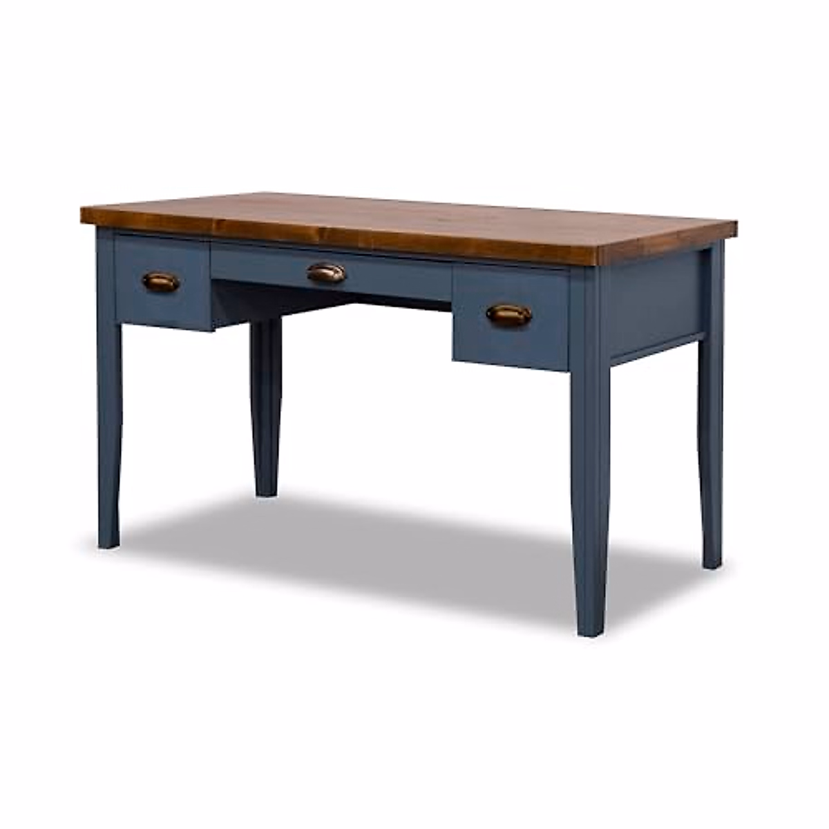 Bridgevine Home Desk, Nantucket Modern Farmhouse 3-Drawer Writing Desk, Small Desk 53 Inches, Fully Assembled Wooden Desk with Drawers, Poplar Solid Wood Desk, Blue Denim and Whiskey Finish
