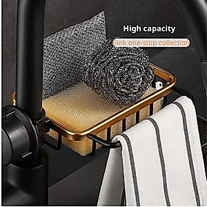 Kitchen Sink Rack Faucet Sponge Holder Over The Sink Organizer Faucet Rack with Hook，A Free Dishcloth Note：Round Pipe with Diameter 0.7-1.1 Inchs Can Be Used（Aluminum,Single Right Blackgolden）