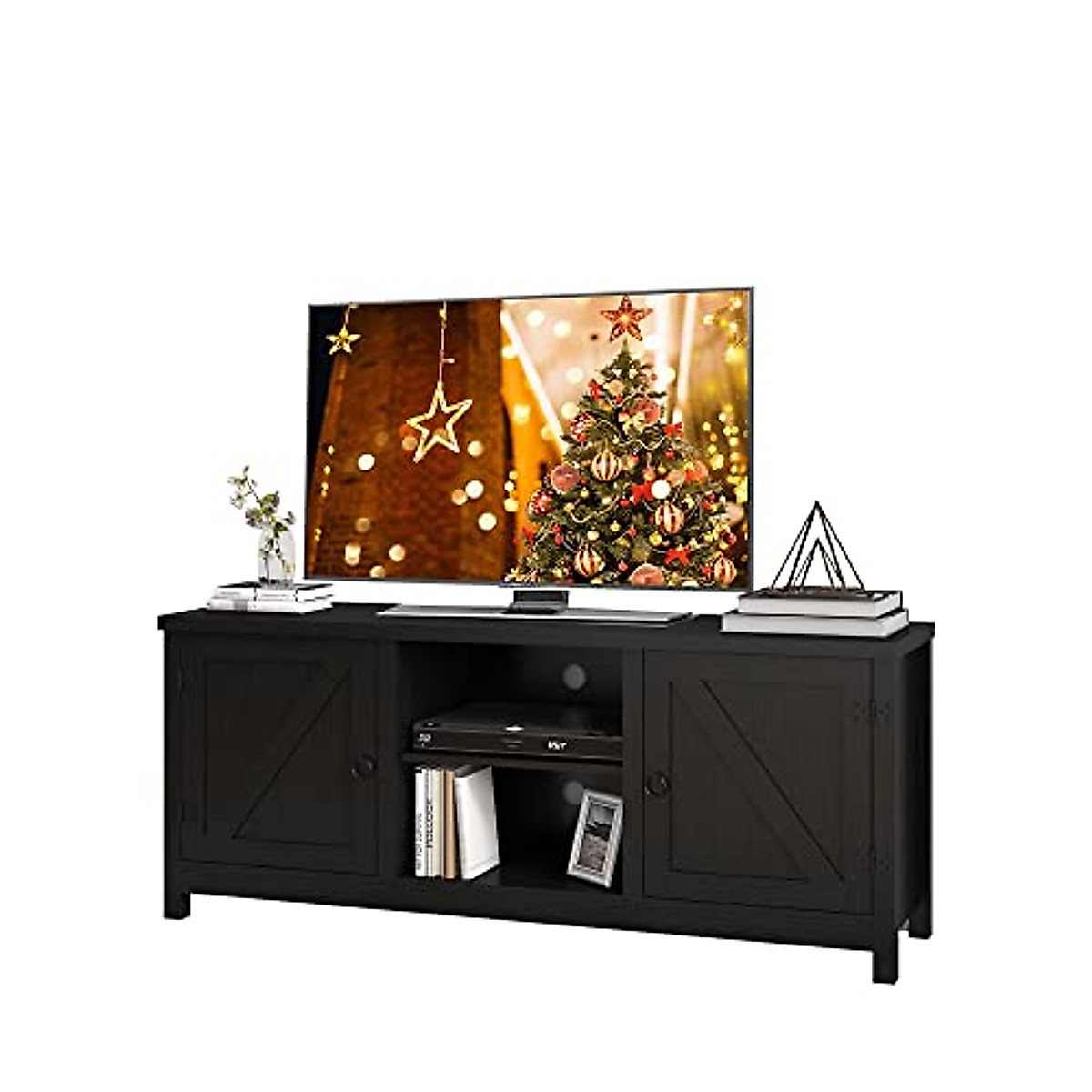 Panana Modern Farmhouse TV Stand for 65 inch TV, Entertainment Center with Storage and Open Shelves, Wood TV Stands TV Table Stand for Living Room, Bedroom (Black, for 32"-65" TV)