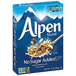 Alpen Muesli No Sugar Added Cereal, Heart Healthy Cereal with Wheat Flakes, Rolled Oats, Nuts and Raisins, Non-GMO Project Verified, 14 OZ Box (Pack of 6)