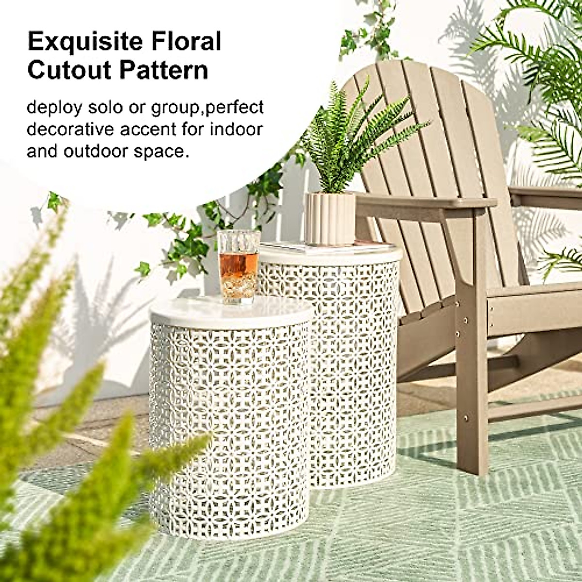 glitzhome Nesting Side Table Set of 2 Decorative Garden Stools for Indoor Outdoor Heavy Duty Metal Frame Modern End Table, Cream White