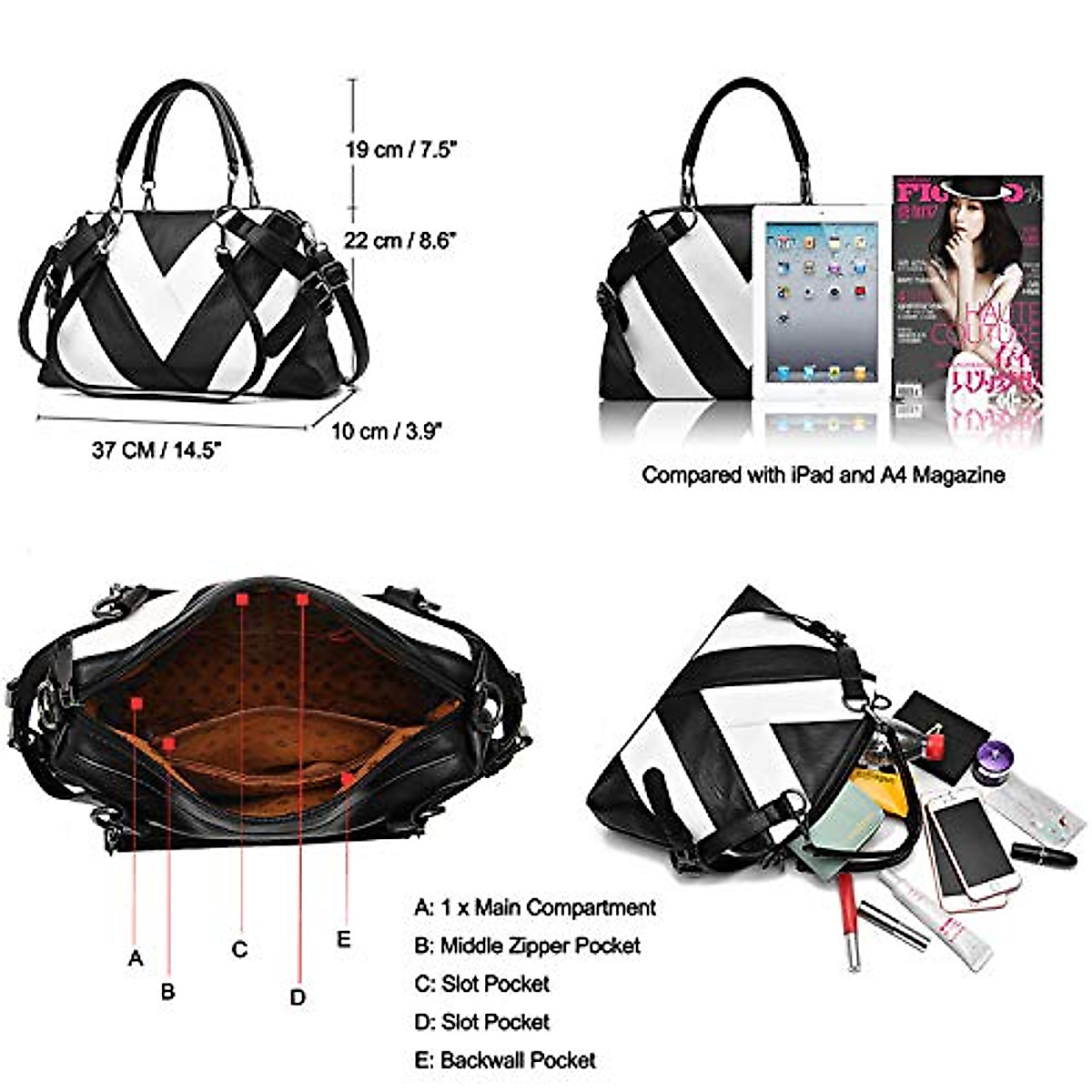 Women Handbag Hobo Shoulder Crossbody Bag, Top Handle Bags Totes Splice Style Large Capacity Satchel Purse for Shopping, Travel, Business, School, Holiday Gifts, Black White